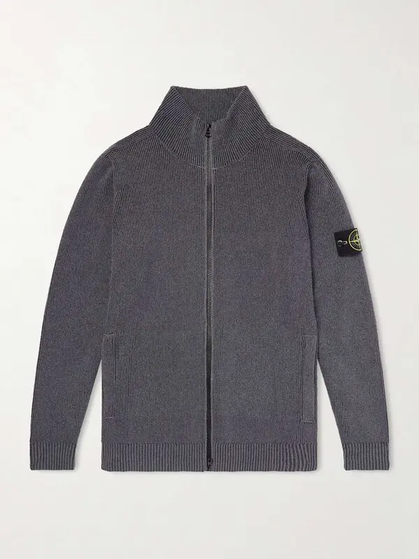 Stone Island Logo-appliquéd Ribbed Cotton-blend Zip-up Cardigan - Gray