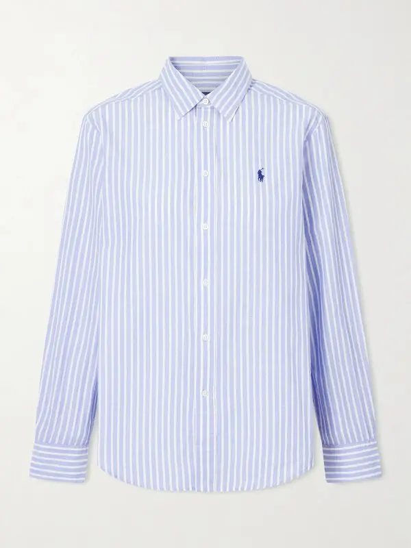Polo Ralph Lauren Embroidered Striped Cotton And Linen-blend Shirt - Blue