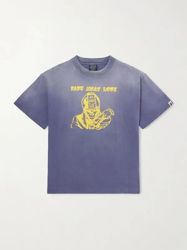 SAINT MXXXXXX Bape® Distressed Printed Cotton-jersey T-shirt - Blue