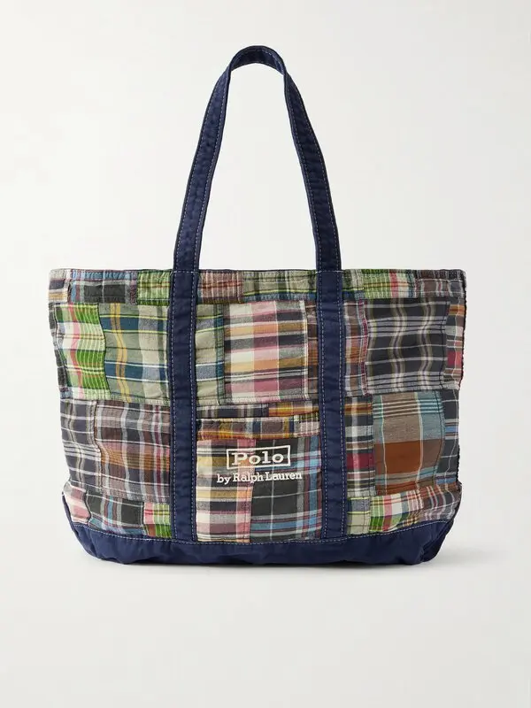 Polo Ralph Lauren Large Patchwork Checked Cotton-madras Tote Bag - Blue