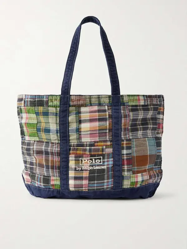 Polo Ralph Lauren Large Patchwork Checked Cotton-madras Tote Bag - Navy