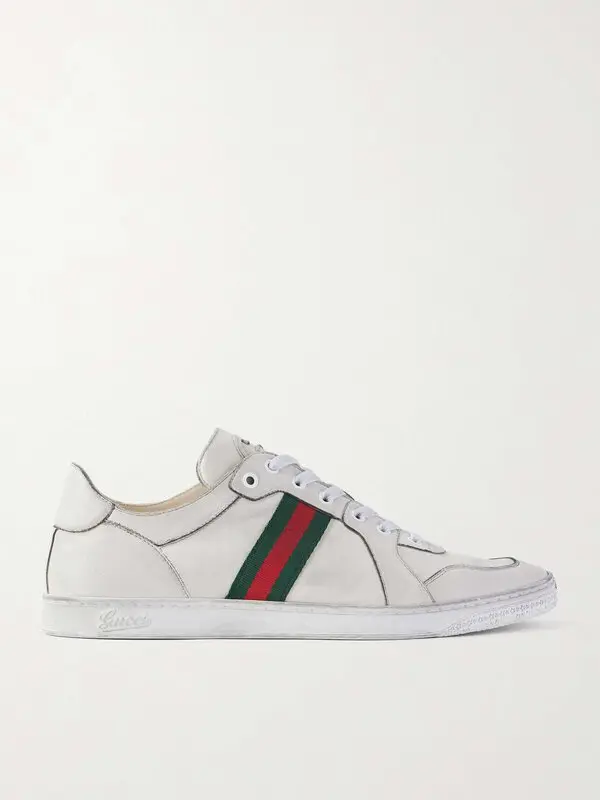 Gucci Distressed Webbing-trimmed Leather Sneakers - White