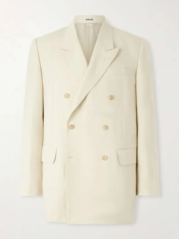 Auralee Double-breasted Wool, Cotton And Linen-blend Oxford Blazer - Beige