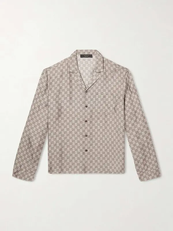 Gucci Camp-collar Logo-jacquard Silk-twill Shirt - Beige