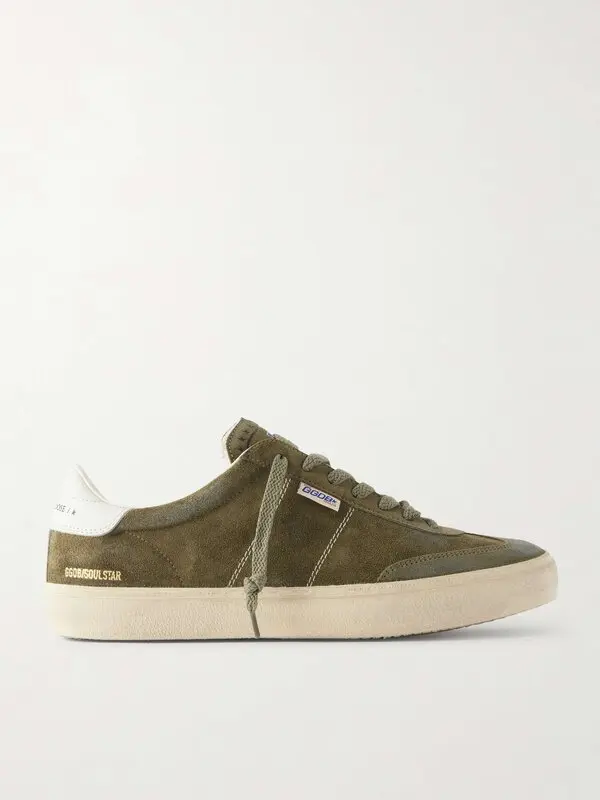 GOLDEN GOOSE Soul Star Leather-trimmed Distressed Suede Sneakers - Army Green