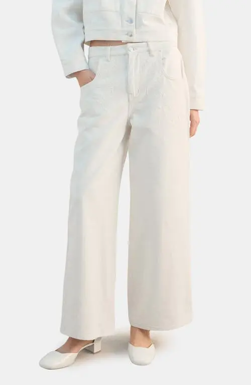 Mango Embroidered High Waist Wide Leg Jeans - Off White