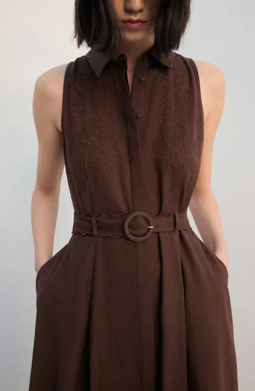 Mango Floral Embroidered Belted Shirt Dress