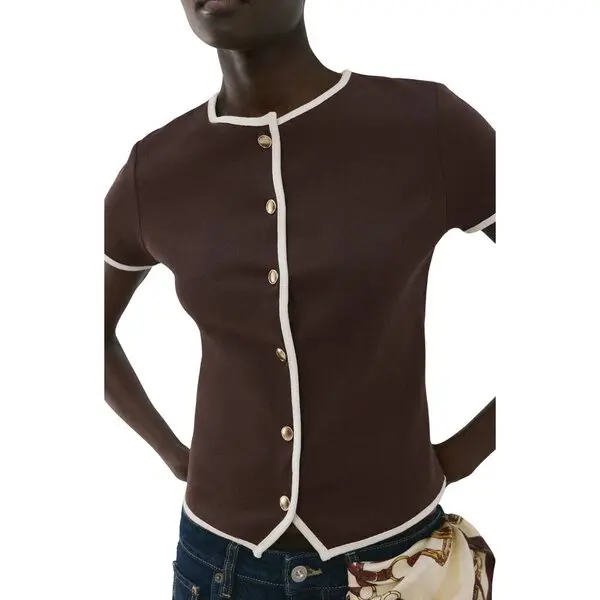 Mango Piped Trim Cotton Button-up Top - Chocolate