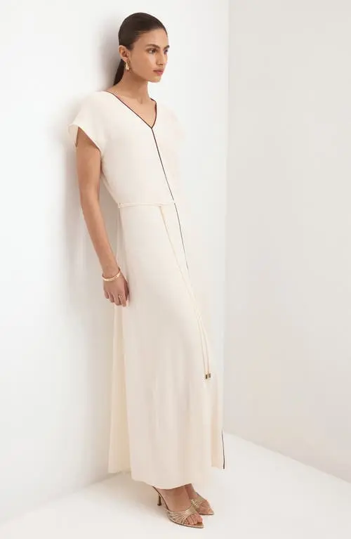 Mango Contrast Piping Belted Midi Dress - Ecru