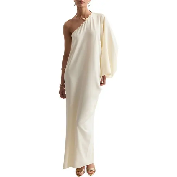 Mango One-shoulder Maxi Dress With Golden Hardware - Ecru
