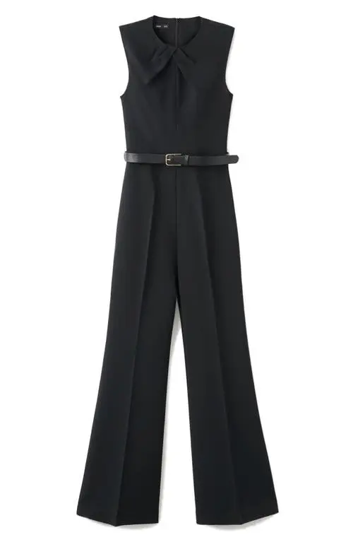 Mango Draped Detail Belted Wide Leg Jumpsuit - Black