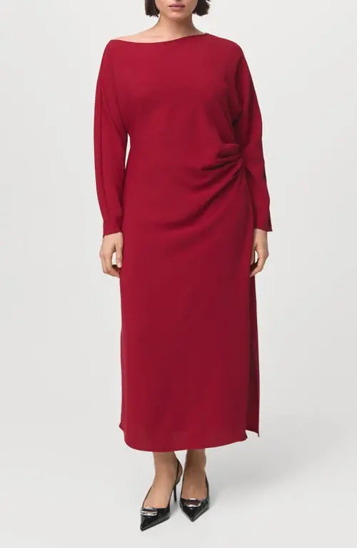 Mango Side Ruched Long Sleeve Dress - Red