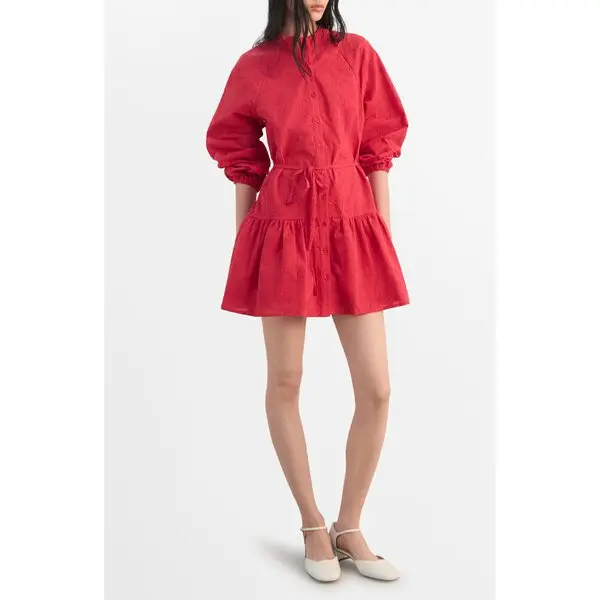 Mango Embroidered Long Sleeve Cotton Shirtdress - Strawberry