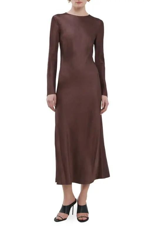 Mango Long Sleeve Satin Midi Dress - Brown