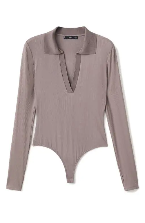Mango Johnny Collar Long Sleeve Rib Bodysuit - Light/pastel Brown