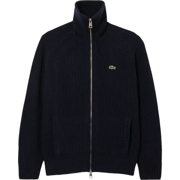 Lacoste Classic Fit Wool Rib Zip Cardigan - Navy Blue