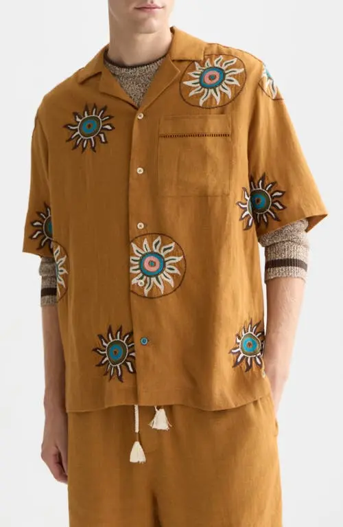Scotch & Soda Embroidered Short Sleeve Linen Blend Button-up Shirt