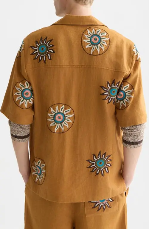 Scotch & Soda Embroidered Short Sleeve Linen Blend Button-up Shirt