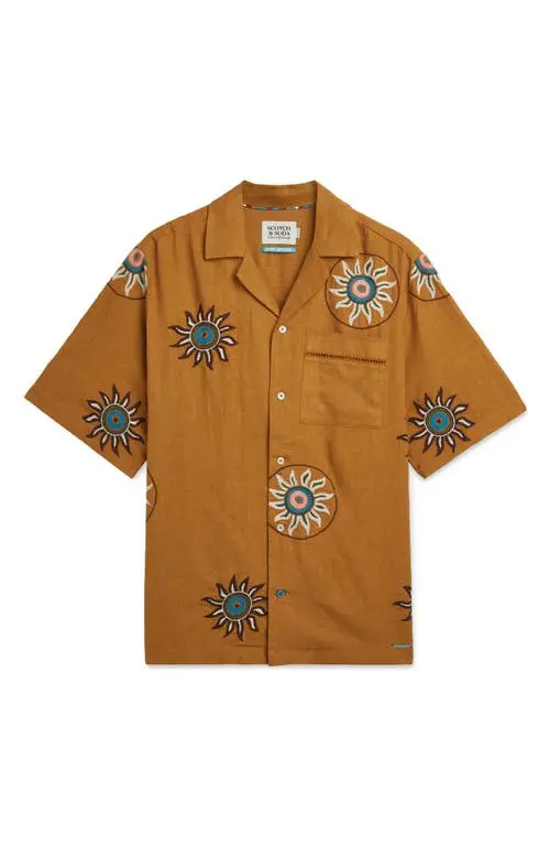 Scotch & Soda Embroidered Short Sleeve Linen Blend Button-up Shirt