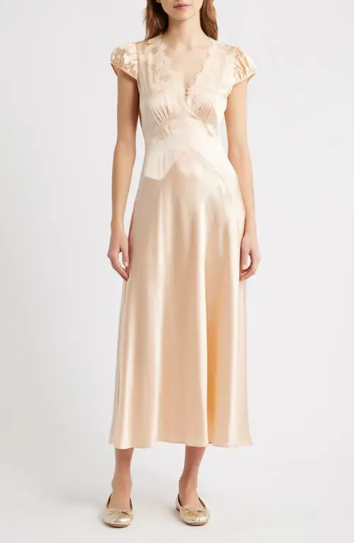 DÔEN Coraline Lace Trim Silk Satin Midi Dress - Peach Sorbet