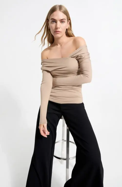 MARCELLA Ruched Surplice Neck Jersey Top - Sand