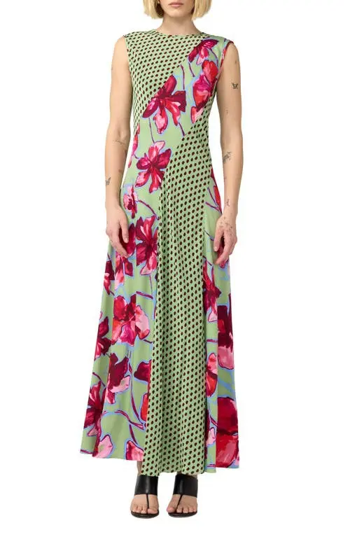 Diane Von Furstenberg Cory Mixed Print Sleeveless Maxi Dress - Hibiscus Smoke Polka Dot