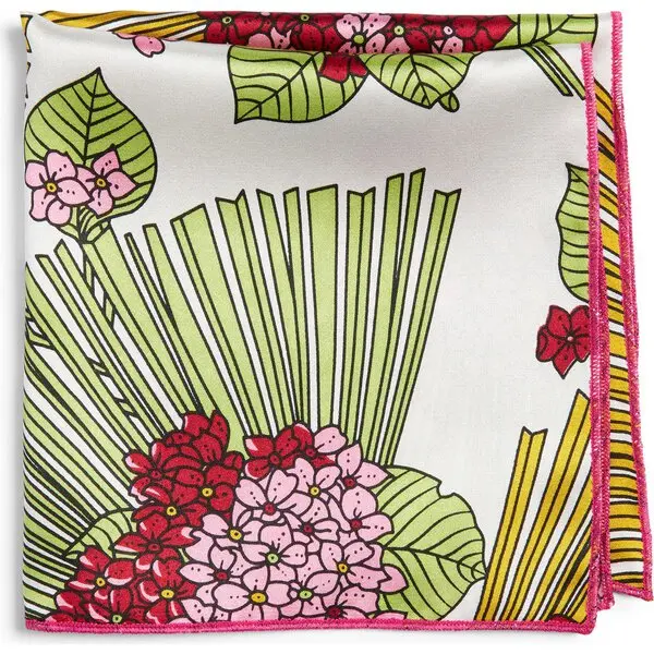 CLIFTON WILSON Maroon Floral Silk Pocket Square - Lime