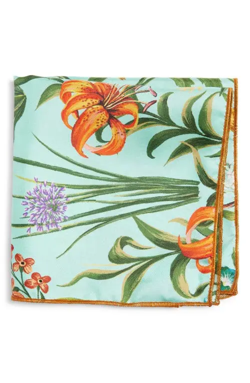 CLIFTON WILSON Olive Floral Silk Pocket Square - Teal