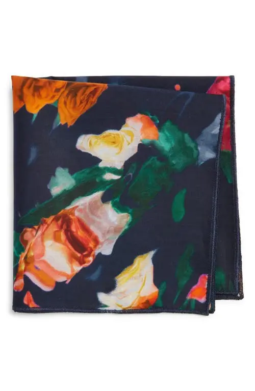 CLIFTON WILSON Fuchsia Floral Cotton Pocket Square - Navy