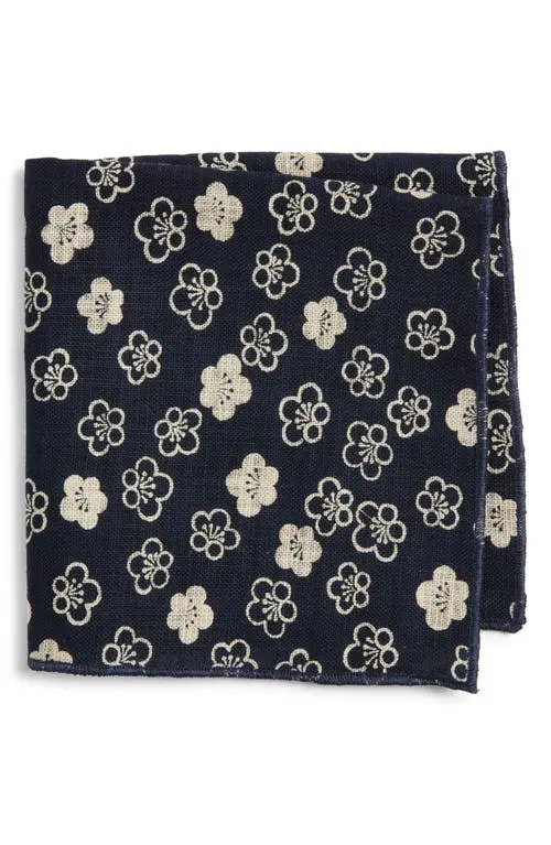 CLIFTON WILSON Floral Linen Pocket Square - Navy