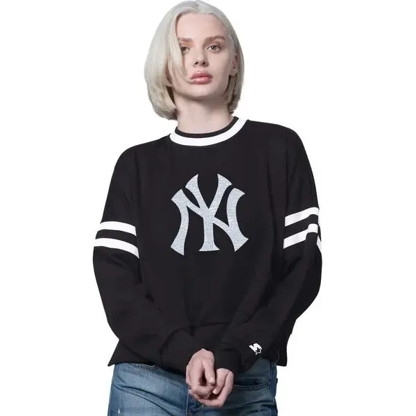 STARTER New York Yankees Rally Cropped Drop Shoulder Crewneck Sweatshirt - Black