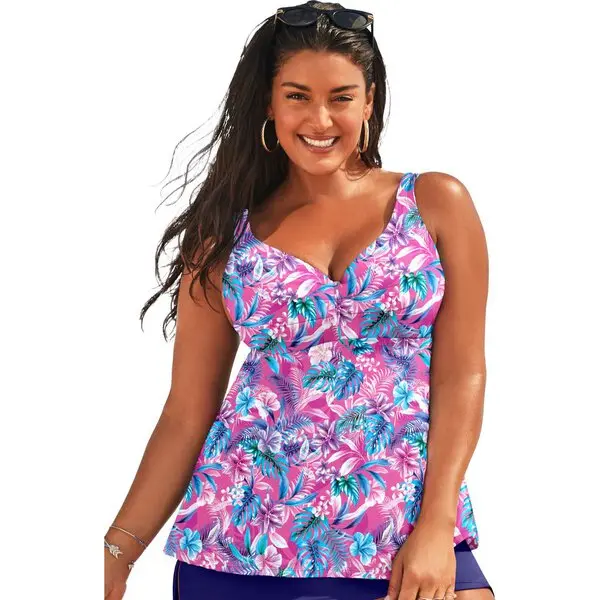 SWIMSUITS FOR ALL Bra Sized Sweetheart Underwire Tankini Top - Doll Pink Hawaiian