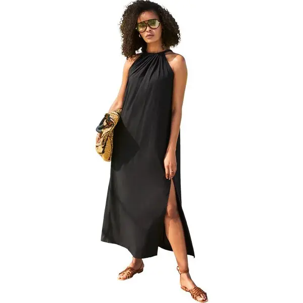 SWIMSUITS FOR ALL Cotton High Neck Maxi Dress Cover Up - Black