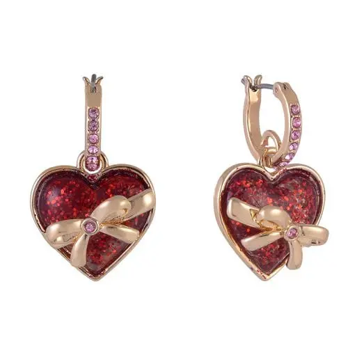 HALLMARK Gold Tone Huggie Hoop Earrings With Glitter Heart Drop - Red