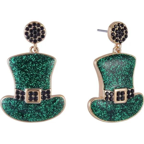 HALLMARK Glitter Top Hat Dangle Earrings - Green