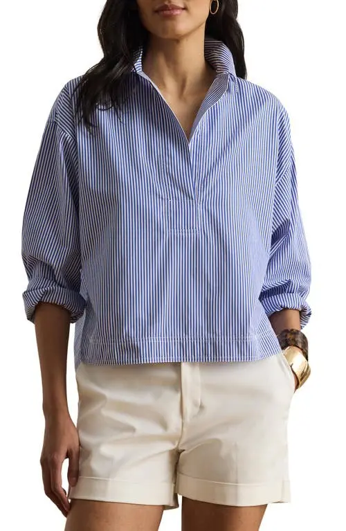 Ralph Lauren 70s Stripe Cotton Broadcloth Crop Popover Shirt - Blue/white