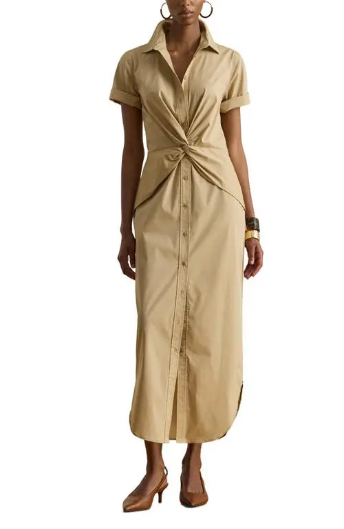 Ralph Lauren Twist Front Cotton Blend Shirtdress - Birch Tan Beige