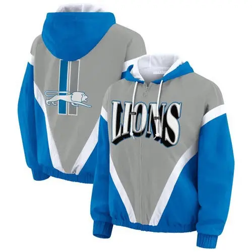 WEAR BY ERIN ANDREWS Detroit Lions Retro Crinkle Full-zip Hoodie Windbreaker Jacket - Blue