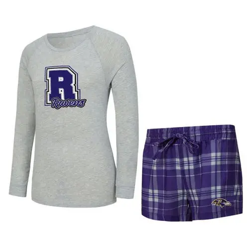 CONCEPTS SPORT Purple Baltimore Ravens Regulate Plaid Long-sleeve T-shirt & Shorts Sleep Set - Heather Gray