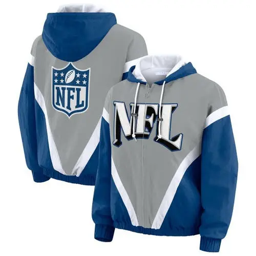 WEAR BY ERIN ANDREWS Blue Shield Merchandise Retro Crinkle Full-zip Hoodie Windbreaker - Silver
