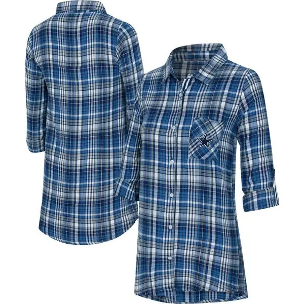 CONCEPTS SPORT Dallas Cowboys Laney Plaid Tri-blend Full-button Nightshirt - Navy
