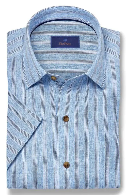 David Donahue Stripe Linen Short Sleeve Button-up Shirt - Blue