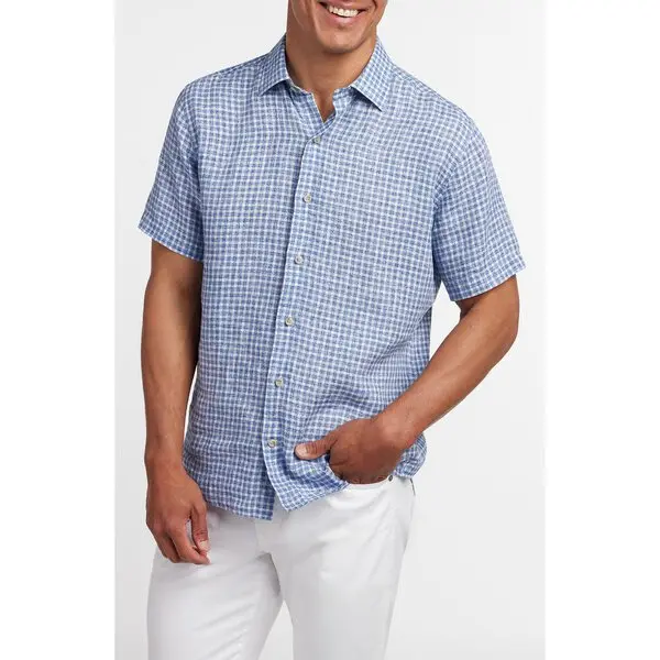 David Donahue Check Linen Short Sleeve Button-up Shirt - Navy/sky