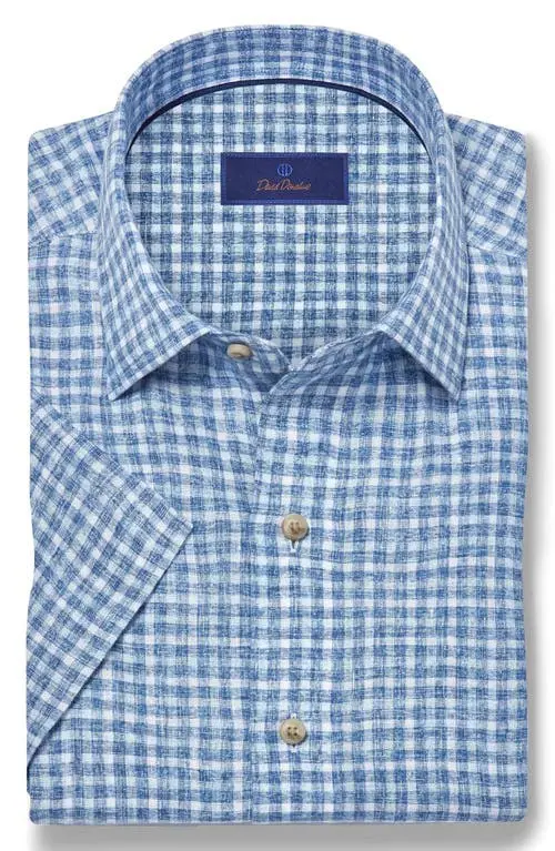 David Donahue Check Linen Short Sleeve Button-up Shirt - Navy/sky