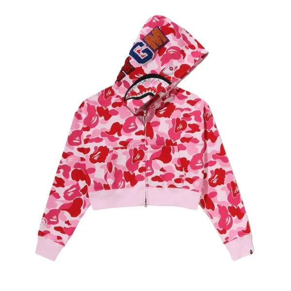 A BATHING APE Abc Camo Crystal Stone Shark Cropped Full Zip Hoodie - Pink