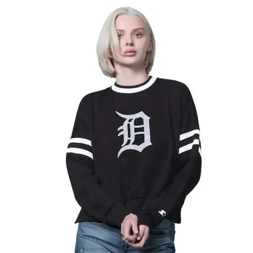 STARTER Detroit Tigers Rally Cropped Drop Shoulder Crewneck Sweatshirt - Black