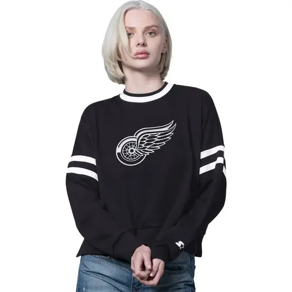 STARTER Detroit Red Wings Rally Fleece Cropped Sweatshirt - Black