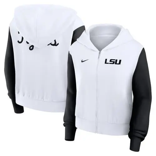 Nike Lsu Tigers Cropped Color-block Script Full-zip Hoodie - White