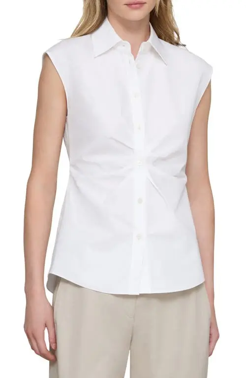 Lafayette 148 New York Sleeveless Button-up Shirt With Pleated Detail - White