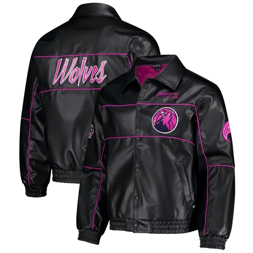 THE WILD COLLECTIVE Minnesota Timberwolves City Edition Full-snap Faux Leather Jacket - Black